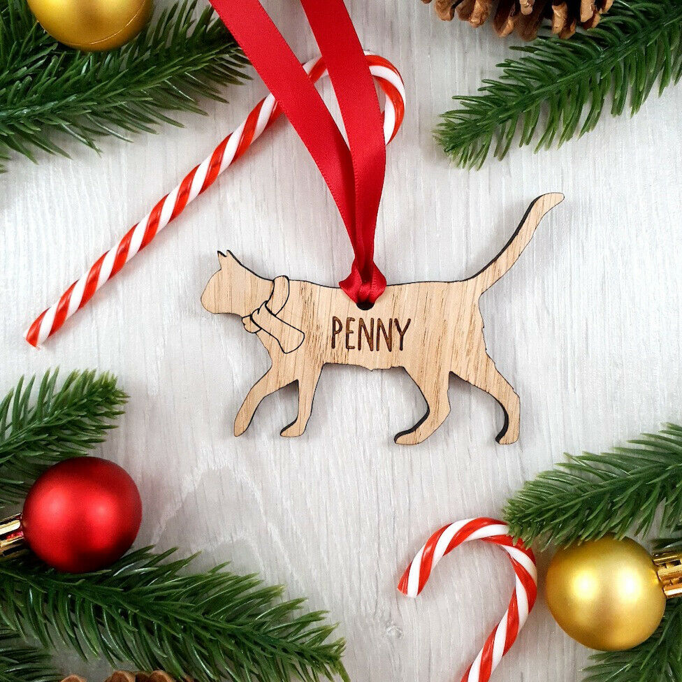 Personalised Cat Wooden Tree Bauble Decoration - Design 4 – Holly and Gin